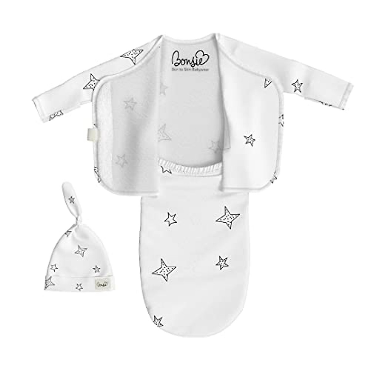 Bonsie Skin to Skin Babywear Baby Bag Set - White Baby Gown with Hat - Stars (0-3 Months)