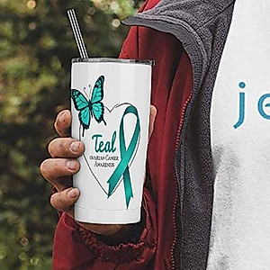 Teal Ribbon Butterfly Heart Ovarian Awareness 20 OZ Stainless Steel Tumbler Travel Car Coffee Mug with Straw Lid Cleaning Brush Coffee Tumbler Mug for Women Men