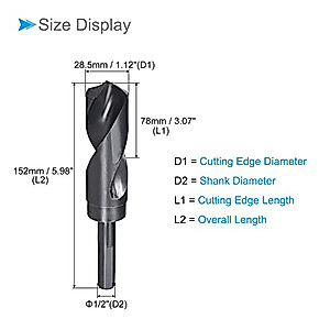 CoCud Reduced Shank Drill Bit, 28.5mm Cutting Edge 1/2" Shank, Nitride Coated High Speed Steel 6542 Twist Drill Bits - (Applications: for Stainless Steel Metal Wood)