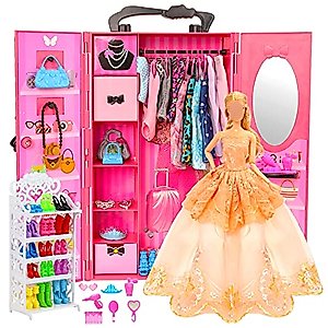 BARWA Fashion Closet Wardrobe 107 Pcs Doll Accessories 16 Pack Doll Clothes 1 Shoes Rack 84 Pcs Different Shoes Hanger Crown Necklace Glasses Doll Accessories Xmas Gift