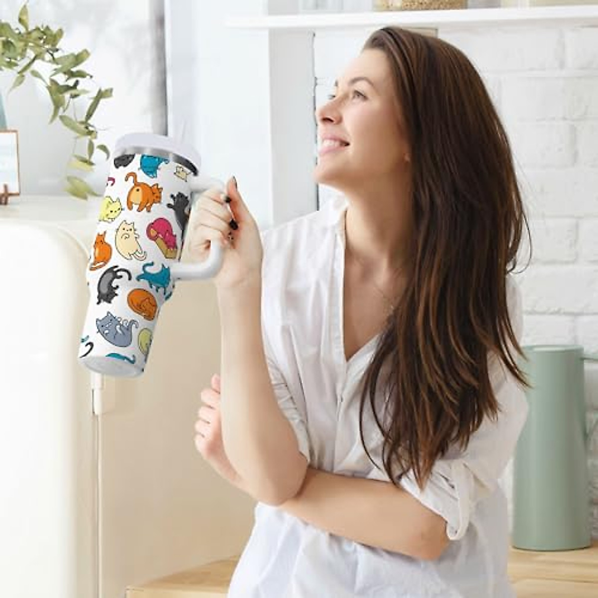 MCHIVER Cats White 40 oz Tumbler with Handle and Straw Stainless Steel Vacuum Water Bottle Leak-proof Travel Coffee Mug Thermos Water Bottle for Hot Cold Beverages