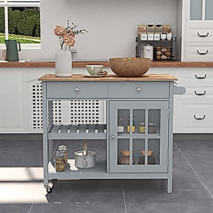 ChooChoo Rolling Kitchen Island, Portable Kitchen Cart Wood Top Kitchen Trolley with Drawers and Glass Door Cabinet, Wine Shelf, Towel Rack, Gray
