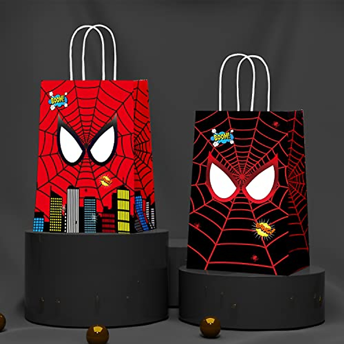 20Pcs Hero Party Treat Bags with Handles,Large Thick Kraft Double Sided Spider Web Printed Durable Gift Goodie Treat Candy Bags for Kids Boys Hero Theme Spider Birthday Party Supplies and Decorations