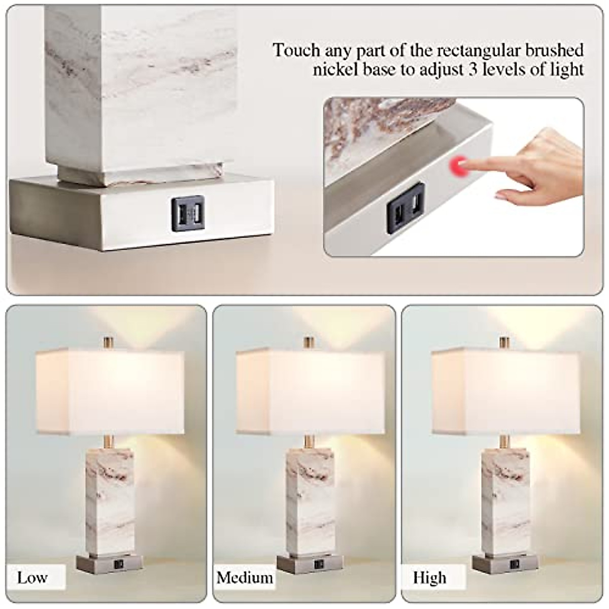 RORIANO Set of 2 Modern Table Lamps for Living Room, 3 Way Touch Dimmable Contemporary Coastal with USB Ports, Rustic Resin Nightstand Lamp Bedroom Bedside End Table, LED Bulb Included