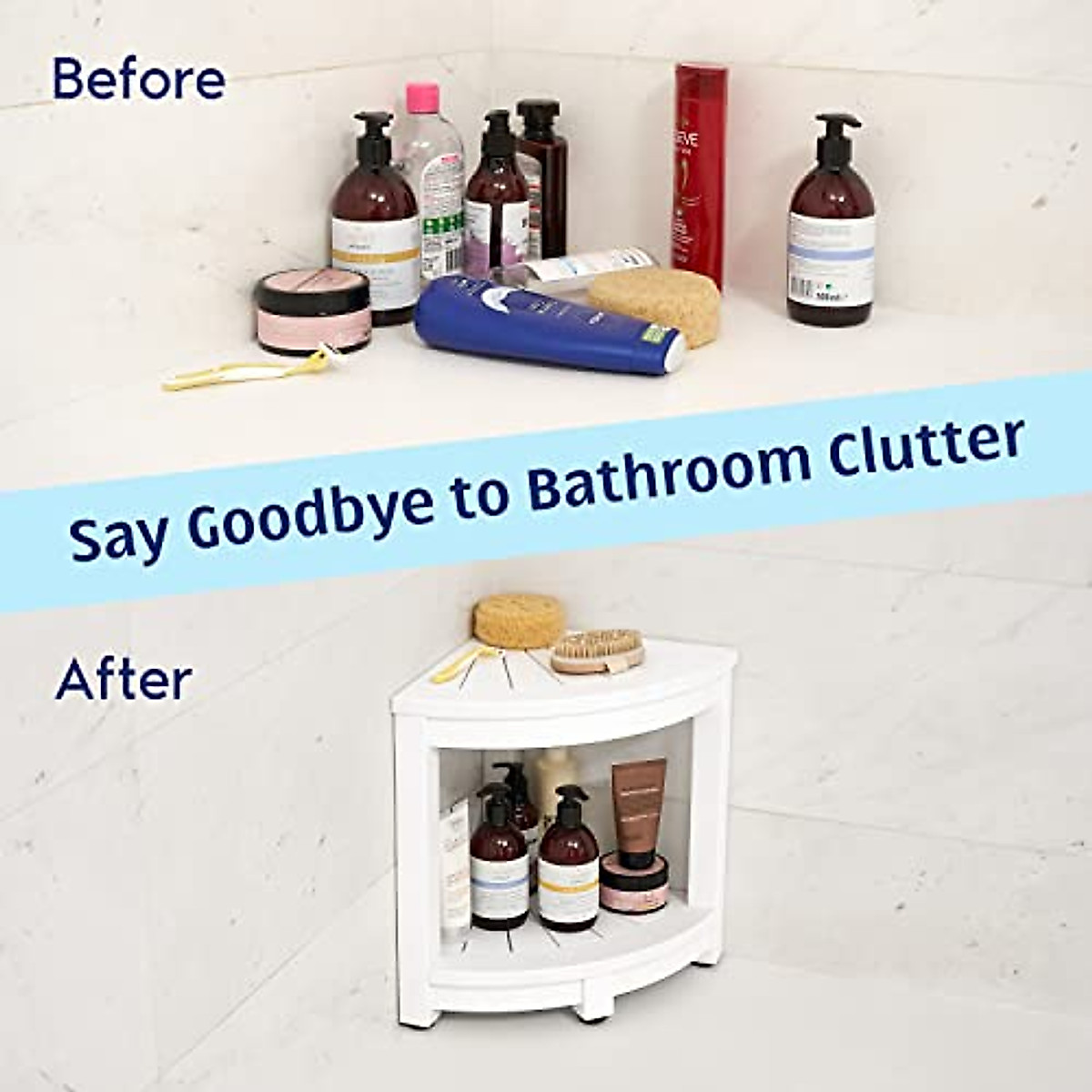 ROHKEX No-Maintenance Corner Shower Stool for Shaving Legs - Heavy-Duty Waterproof Bathroom Bench with Rubber Feet, Storage Shelf - Sustainable & Versatile for Indoor & Outdoor Use