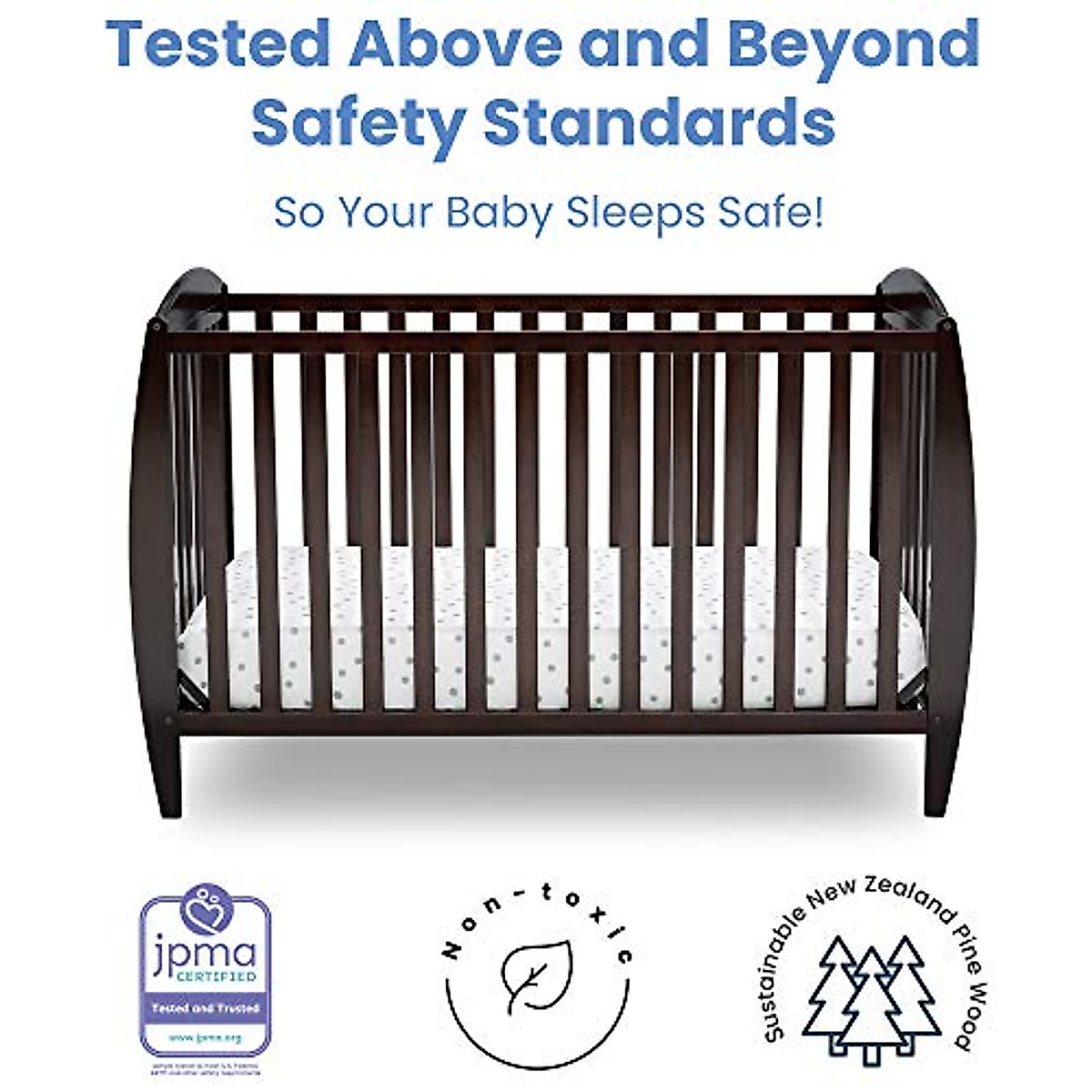 Delta Children Twinkle 4-in-1 Convertible Baby Crib, Sustainable New Zealand Wood, Dark Chocolate and Delta Children Twinkle Galaxy Dual Sided Recycled Fiber Core Crib and Toddler Mattress (Bundle)