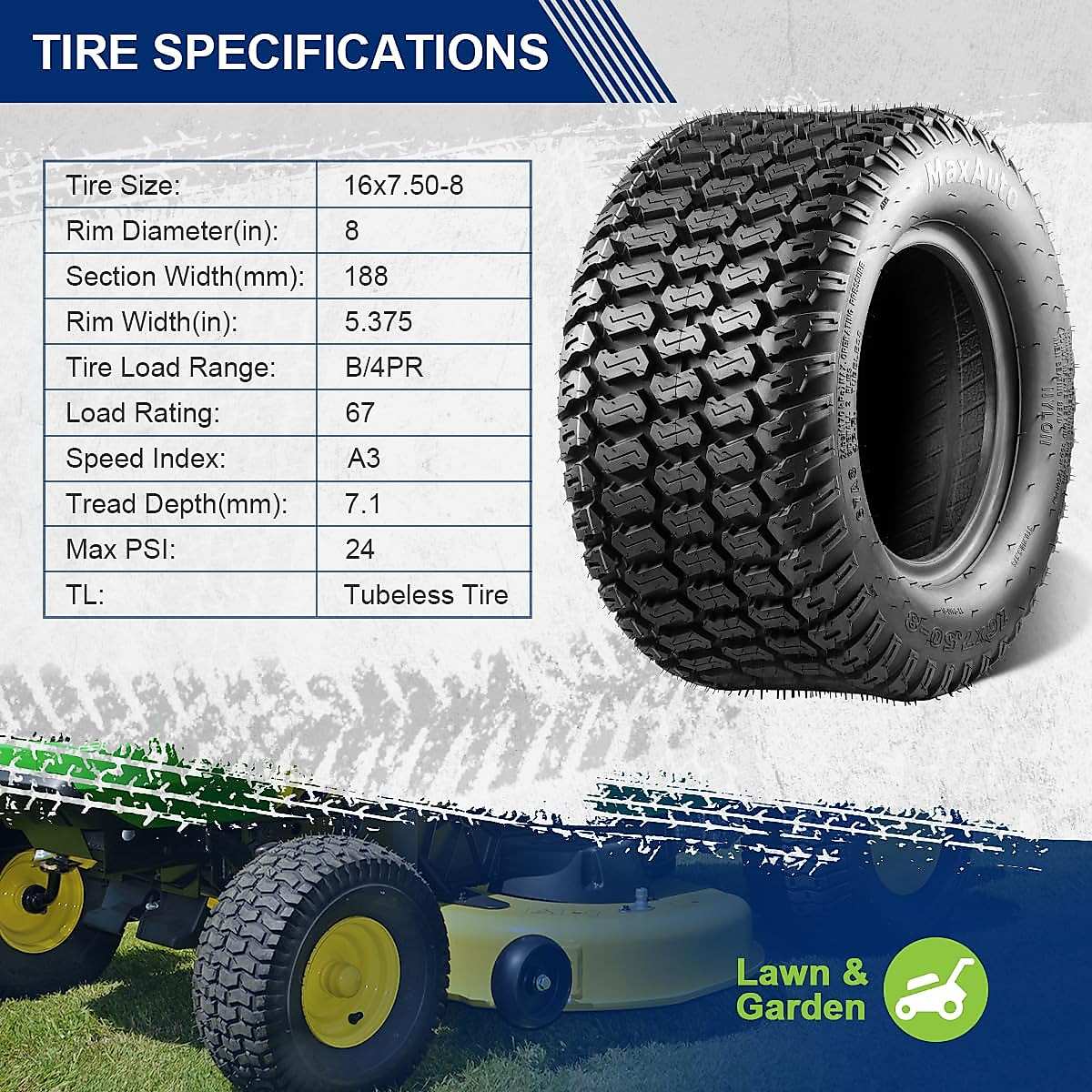 MaxAuto 16x7.50-8 16x7.5x8 Turf Saver Lawn Mower Tire 4PLY, Set of 2