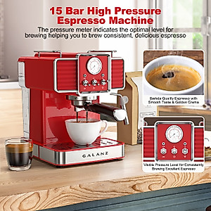 Galanz Retro Espresso Machine with Milk Frother, 15 Bar Pump Professional Cappuccino and Latte Machine, 1.5L Removable Water Tank, Retro Red, 1350 W