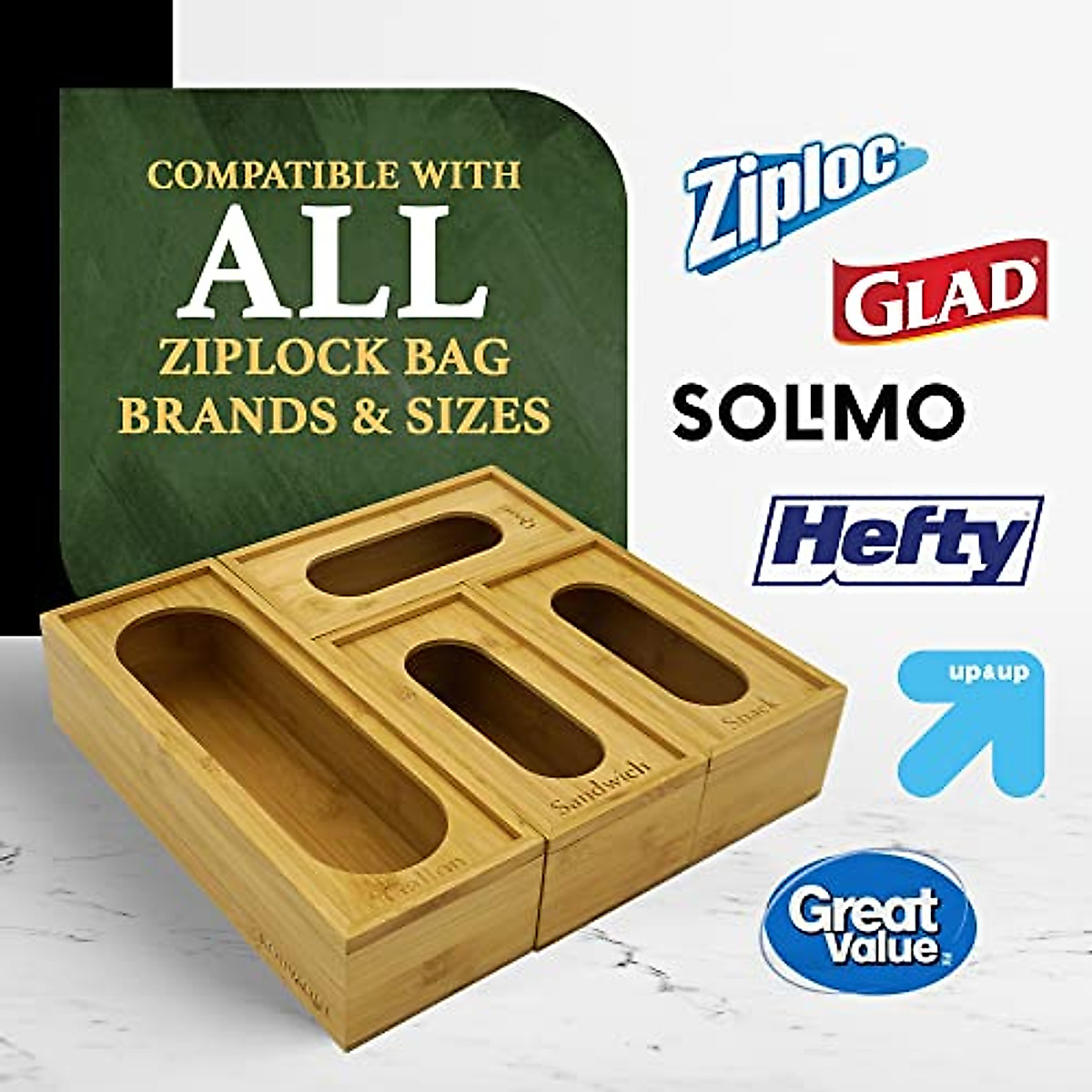 ROUVIQUE Ziplock Bag Organizer, Premium Bamboo Plastic Bag Holders, Baggie Organizer For Drawer, Gallon, Quart, Snack, & Sandwich Plastic Bag Organizer and Dispenser, 12 x 13 x 3 Inches, 4 Pieces