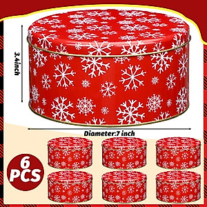 Suttmin 6 Pcs 7'' Christmas Cookie Tins with Lids Round Metal Cookie Container Xmas Snowflake Boxes Empty Holiday Decorative Tins for Gift Giving Cookie Baking Chocolate Snack Storage Cookie Tins