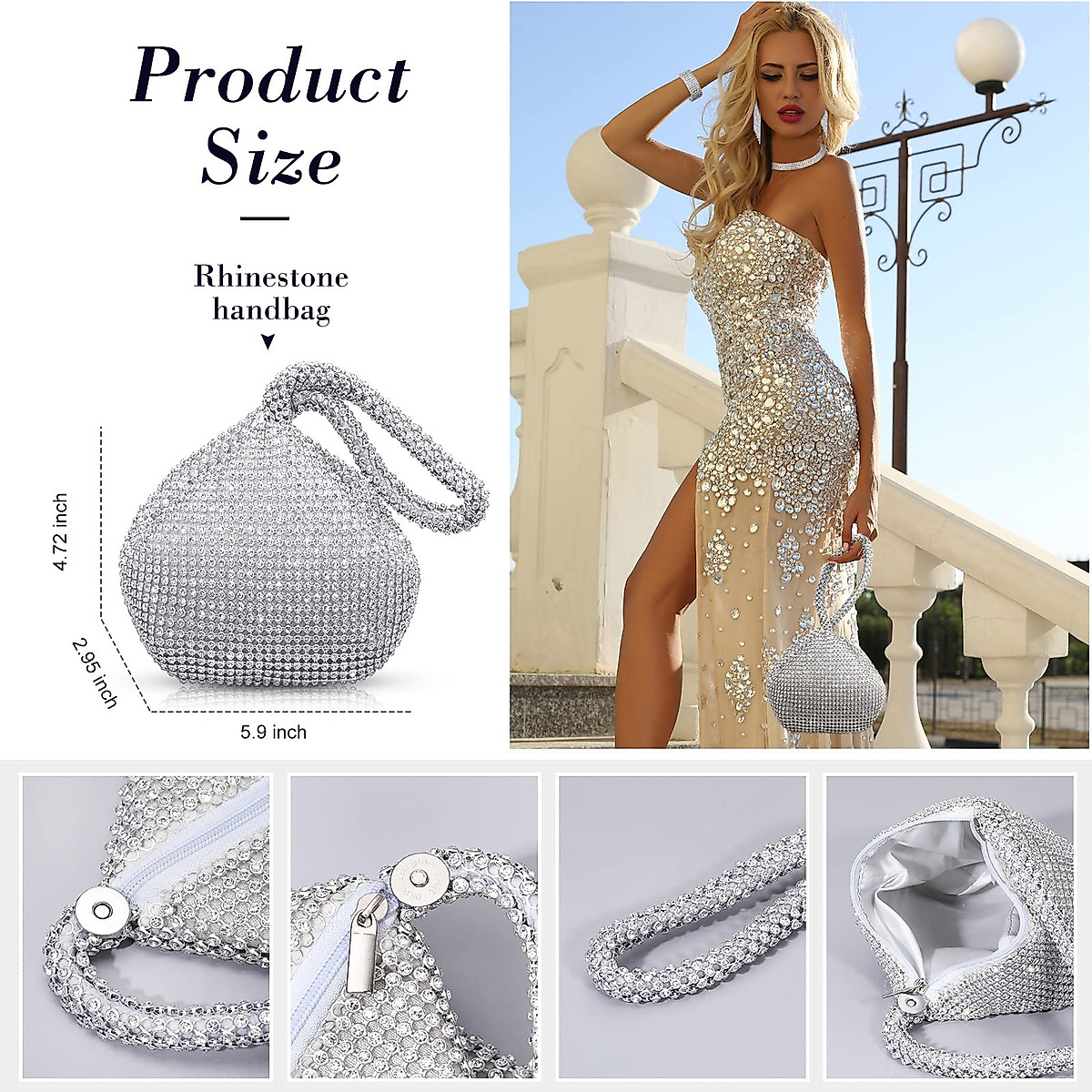 5 Pcs Women Crystal Jewelry Set Wedding Triangle Bling Evening Clutch Bag Glitter Rhinestone Stretch Choker Necklace Bracelet Ring Dangle Fringe Earrings for Bride and Bridesmaids (Silver)