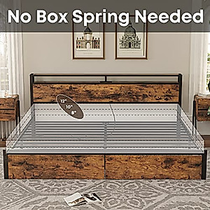 LIKIMIO King Bed Frame with Storage Headboard, Platform Bed with Drawers and Charging Station, No Box Spring Needed, Easy Assembly, Vintage Brown