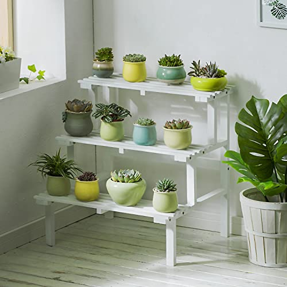 MoNiBloom 3 Tier Stair Style Wood Plant Stand, Flower Pot Display Rack Stand Holder for Indoor Outdoor Patio Lawn Balcony Garden Lawn Home, White