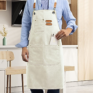 Canvas Chef Apron for Men Women, Cotton Canvas Cross Back Apron with Adjustable Straps and Large Pockets Heavy Duty Work Apron (Beige)