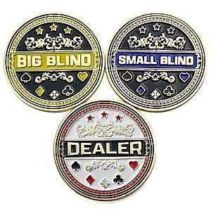 Luck Lab Set of 3 Metal Poker Buttons - Dealer Button, Big Blind and Small Blind Metal Weights (Position Markers) for Texas Hold Em - 1.75 inch
