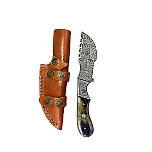 Titan International Knives Damascus Hunting and Camping Knife | Fixed Blade Survival Knive Handmade 1095 4340 Carbon Mix Hand Pounded | Bolster and Dyed Bone Handle with Leather Sheath Perfect for Outdoors