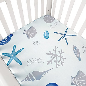 Brandream Boys Nursery Bedding Blue White Beach Theme Baby Crib Bedding Set with Starfish Seashell, 100% Cotton