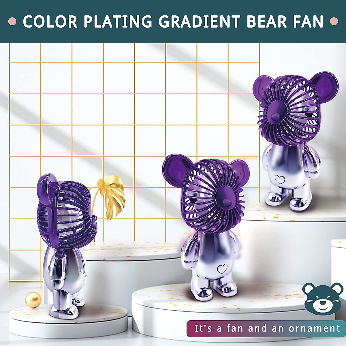 TUNISE USB Desk Fan, Colorful Bear Design Fan, Portable Desktop Fan, Rechargeable Battery Powered Fan, Three Adjustable Air Speeds, USB Connection Charging, Perfect for Office Home Outdoor Travel