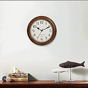 Wooden Wall Clock with Retro Design, 11 Inches Round Wall Clock Battery Operated Silent Non-Ticking, Big Arabic Numerals, for Kitchen Living Room Classroom Gym and Pool, Brown
