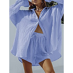 Meenew Women's Summer Matching Set 2 Piece Shorts Set Long Sleeve PJ Set Beach Outfits Button Down Set XL