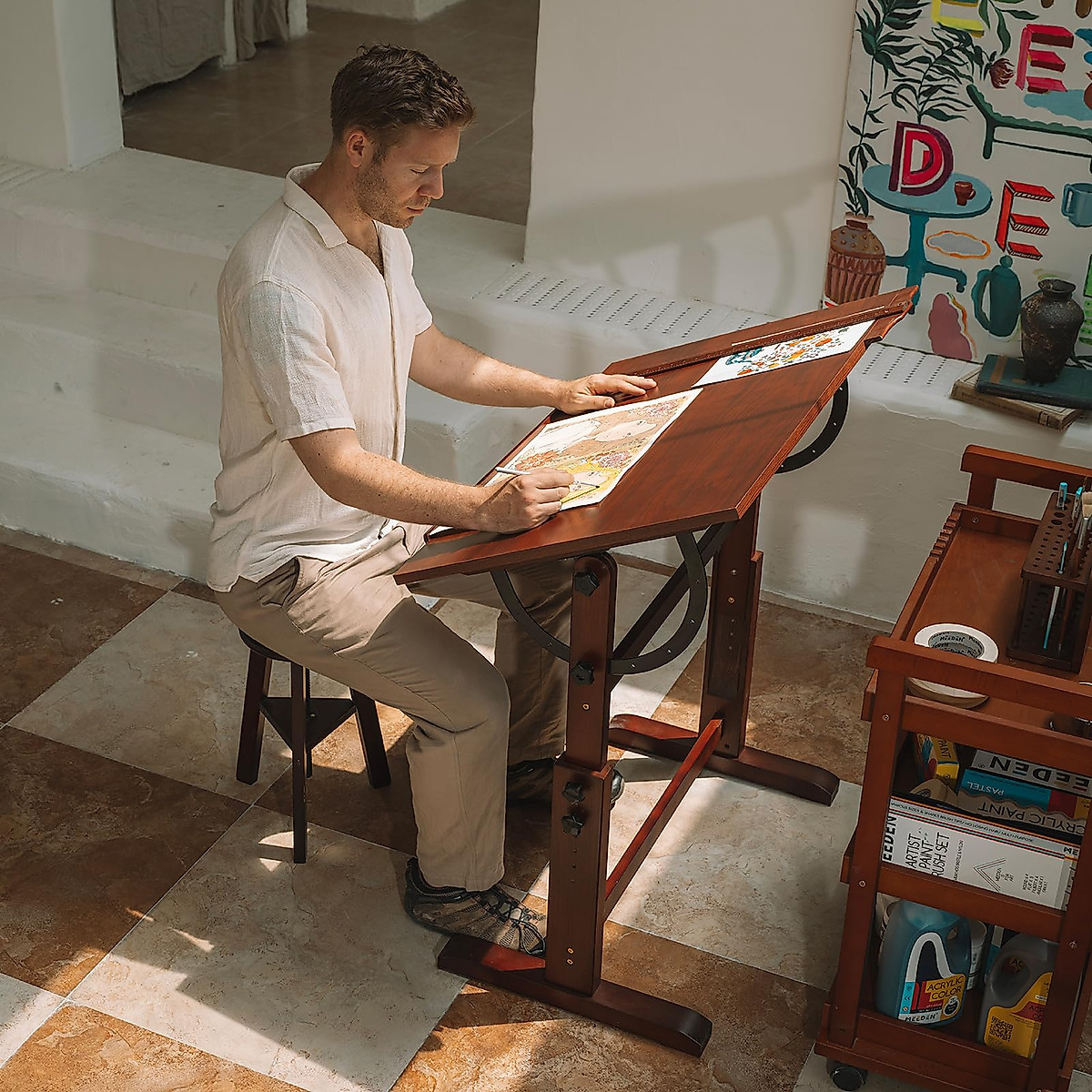 MEEDEN Wood Drafting Table,Artist Drawing Table with Height Adjustable & Tilting Large Surface Tabletop,Studio Painting Table,Art Craft Desk for Writing,Reading,Working Desk,Walnut Color