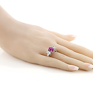 Gem Stone King 925 Sterling Silver Oval Pink Created Sapphire and Moissanite 3 Stone Ring for Women (2.80 Cttw, Available In Size 5, 6, 7, 8, 9)