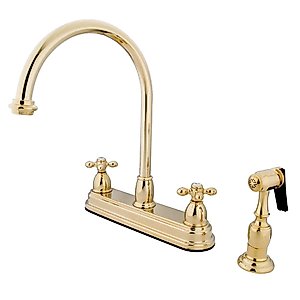 Kingston Brass KB3752AXBS Restoration Deck Mount Kitchen Faucet, Cross Handle with Brass Sprayer, 8-1/2-Inch, Polished Brass
