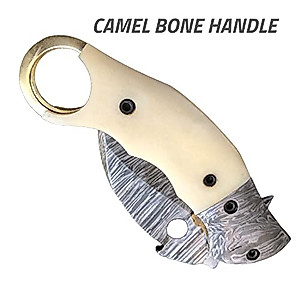 Custom Handmade Damascus Steel Karambit Folding Knife Pocket Knife Everyday Carrying Knife Camel Bone Handle with Leather Sheath