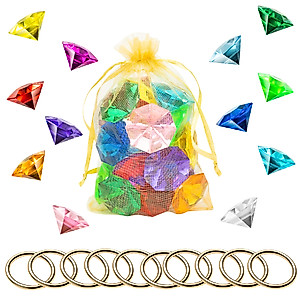 PANTIDE 35Pcs Acrylic Diamond Gems Jewels Alloy Gold Round Ring Set the Blue Hedgehog Chaos Emeralds Power Rings Party Favor Supplies Cake Decoration Pirate Treasure Chest Hunt with Bag