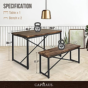 CAPHAUS 3 Pieces Dining Table Set for 4 w/Benches, Rectangular Dining Room Set, Modern Wood Bench Dining Room Table Set, Metal Frame Space-Saving Dining Set, Dining Table w/Two Benches, Rustic Oak