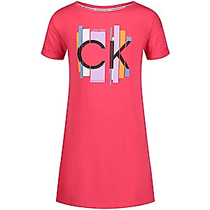 Calvin Klein Girls' Performance Dress, Pull-On Style with Crew-Neck Neckline, Logo Detailing, Azalea Cuffed