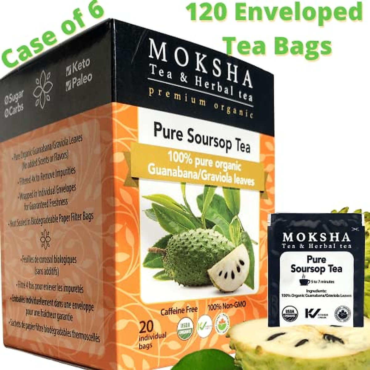 Pure Soursop Tea Case of 6-120 Organic Tea Bags made with Pure Graviola Leaf- Guanabana Leaves- Moksha Ayurveda