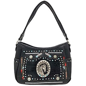 Horse Feather Tribal Embroidery Western Country Women Conceal Carry Hobo Purse (Black)