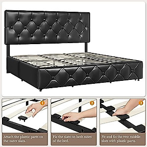 Yaheetech King Size Upholstered Bed Frame with 4 Drawers and Adjustable Headboard, Faux Leather Platform Bed with Mattress Foundation Strong Wooden Slats Support, No Box Spring Needed, Black
