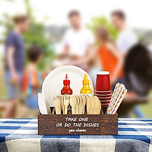 Paper Plate Holder, Plastic Silverware Caddy, Utensil Dispenser Caddy for Party Picnic Camping BBQ, Disposable Spoon Fork Knives Dish Cup Napkin Wood Storage Organizer for Kitchen Counter