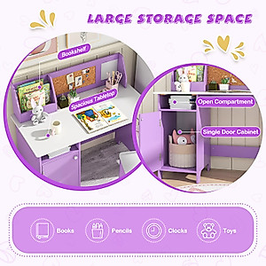 Costzon Kids Desk and Chair Set, Wooden Children Study Table with Storage, Hutch, Cork Bulletin Board, Whiteboard & Marker, Student Computer Workstation Writing Desk for Kids Bedroom, School, Purple