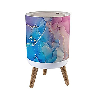 IBPNKFAZ89 Small Trash Can with Lid Ink Colors Translucent Abstract Multicolored Marble Texture Garbage Bin Wood Waste Bin Press Cover Round Wastebasket for Bathroom Bedroom Kitchen 7L/1.8 Gallon