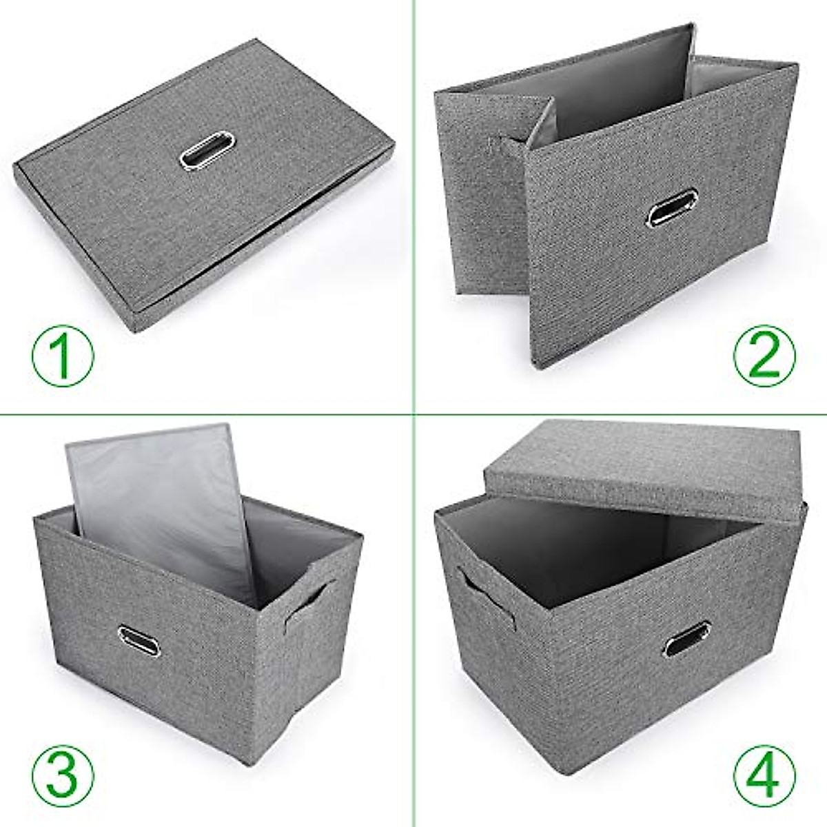 Valease 2-Pack Large Linen Foldable Storage Bins with Removable Lids and Handles, Washable Collapsible Storage Box Containers Baskets Cube with Cover for Bedroom,Closet,Office,Living Room,Nursery (Grey, Large)