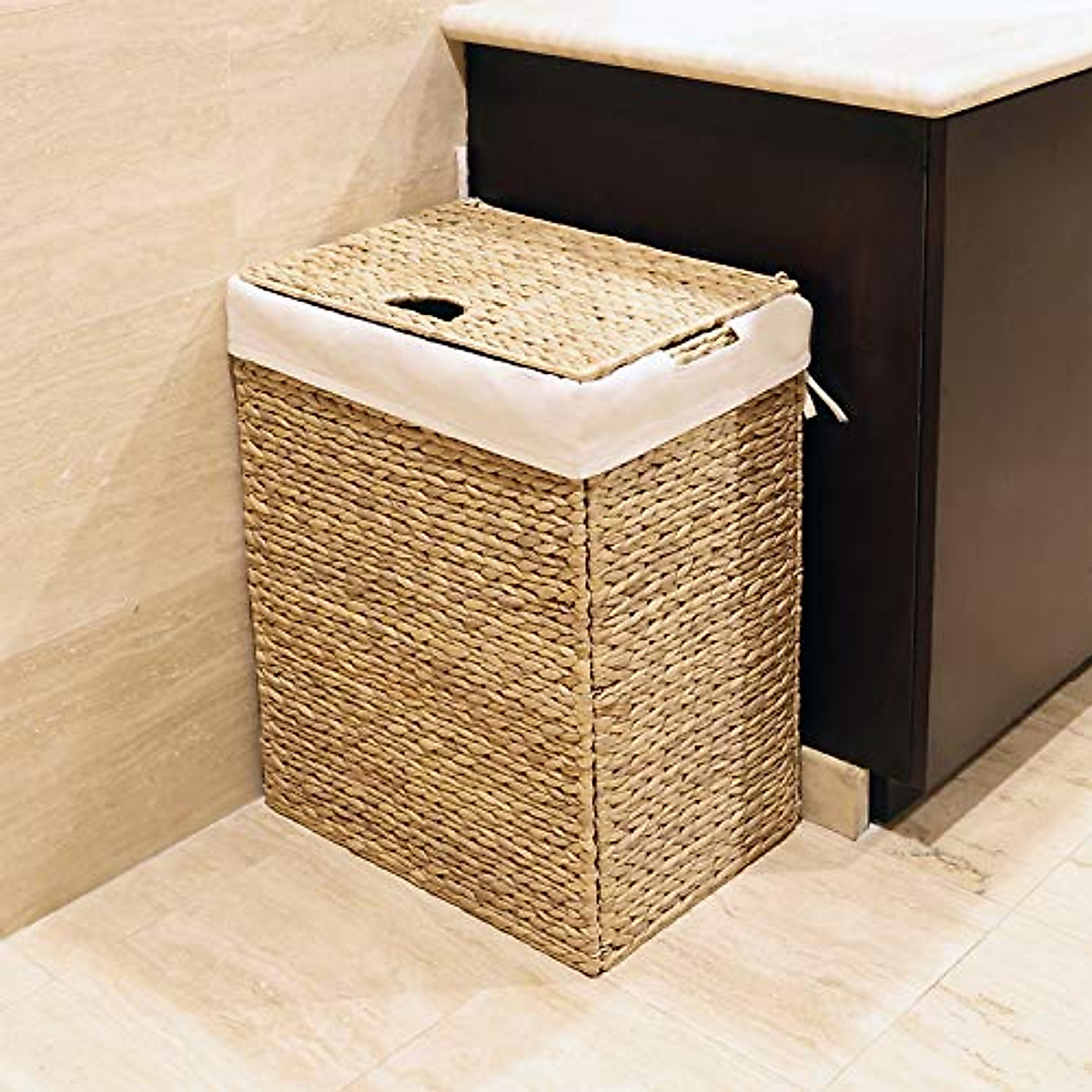 Seville Classics Premium Hand Woven Portable Laundry Bin Basket with Built-in Handles, Household Storage for Clothes, Linens, Sheets, Toys, Water Hyacinth, Rectangular Hamper