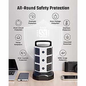 Power Strip Tower Surge Protector, JACKYLED 1625W 13A Outlet Surge Electric Tower, 12 Outlets 6 USB Ports Retractable Cord Charging Station with 16AWG 6.5ft Heavy Duty Extension Cord for Home Office