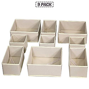 DIOMMELL 9 Pack Foldable Cloth Storage Box Closet Dresser Drawer Organizer Fabric Baskets Bins Containers Divider for Baby Clothes Underwear Bras Socks Lingerie Clothing,Beige 333