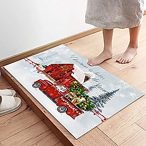 2 Piece Farm Animal Kitchen Rug Set Merry Christmas Indoor Floor Mats for Winter, Xmas Door Mat Runner Rug Carpet Mat for Kitchen Home Decor (15.7" x 23.6"+15.7" x 47.2") - Red Truck Snowy Retro Barn
