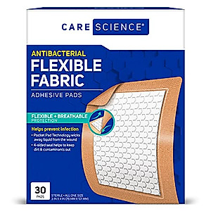 Care Science Antibacterial Fabric Adhesive Pad Bandages, 3x4 inches Extra Large Flexible Non-Stick Strip, Helps Prevent Infection, Breathable Protection, for First Aid & Wound Care, 30 Count
