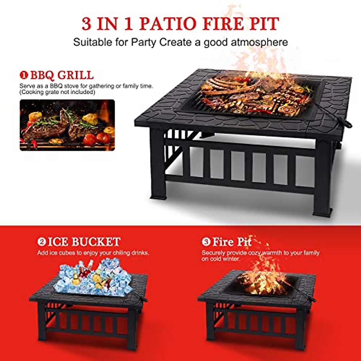 32 Inch Fire Pit Table for Outside Heavy Duty 3 in 1 Metal Square Firepit Table with Spark Screen Cover Log Grate and Poker for Outside Wood Burning and BBQ Drink Cooling