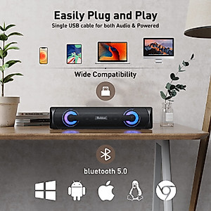 Bobtot Computer Speakers Bluetooth Desktop Soundbar - HiFi Stereo Audio RGB Gaming Mini Subwoofer Wired USB Power Desk Monitor Laptop PC External Speaker USB Speakers Multimedia Sound Bar for Phones