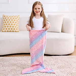 Softan Kids Mermaid Tail Blanket,Glow in The Dark Blanket for Girls, Soft Flannel Fleece Toddler Mermaid Blanket with Glitering Stars and Rainbow Ombre Fish Scale Design - 17" x 39"