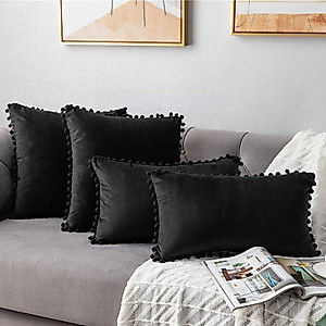 DEZENE Decorative Pillow Covers 12x20 Black: 2 Pack Cozy Soft Pom-poms Velvet Rectangular Throw Pillow Cases for Farmhouse Home Decor