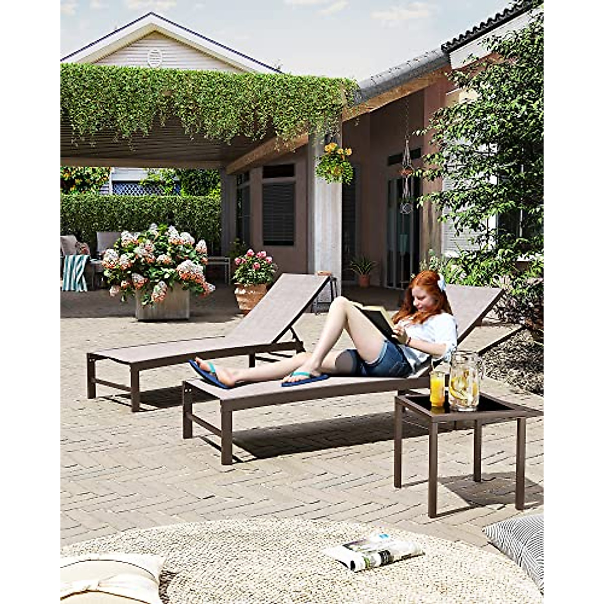 Crestlive Products 2PCS Patio Chaise Lounges and 1PC Table Set Aluminum Adjustable Lounge Chairs with Tempered Glass Side Table, Curved Design, All-Weather Outdoor Recliners (Beige)