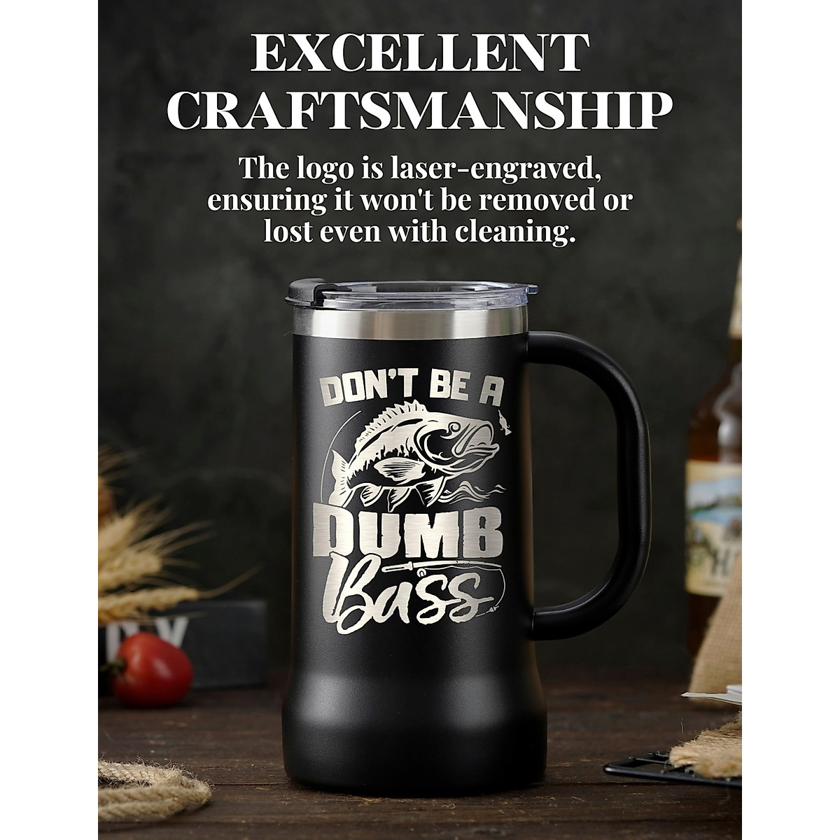 Onebttl Bass Fishing Gifts for Men, Stainless Steel Beer Stein Tumbler, 24oz Beer Mug with Lid for Father's Day, Christmas - Don't Be