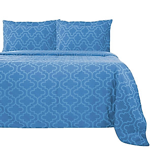 Superior Extra Soft Printed All Season 100% Brushed Cotton Flannel Trellis Bedding Reversible Duvet Cover Set - Light Blue Trellis, King/California King Size